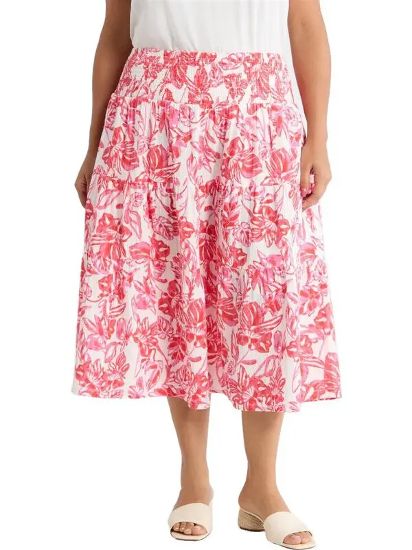 Caslon Tiered Cotton Gauze Floral Midi Skirt - Ivory/red Pink Ellie Blossom