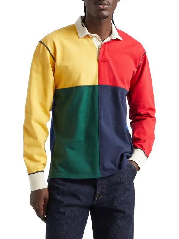 DRAKE'S Colorblock Long Sleeve Rugby Polo - Red Yellow Blue Green