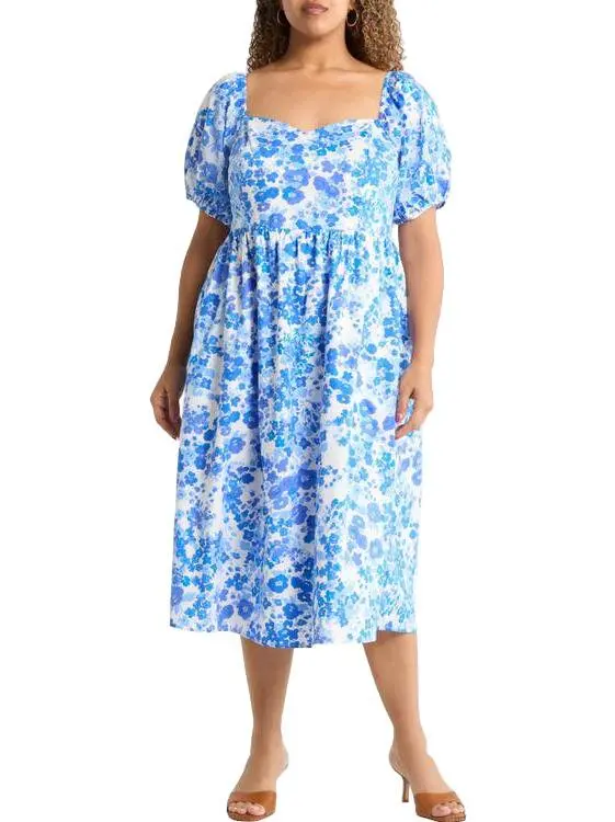 SUGARLIPS Carli Floral Print Puff Sleeve Midi Dress - White-blues-multi