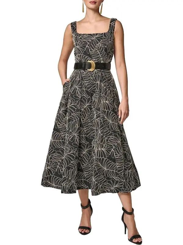 Donna Karan New York Sleeveless A-line Dress With Leaf Embroidery And Belt - Black/light Canvas