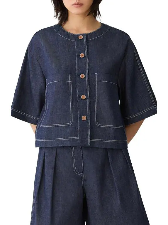 Lafayette 148 New York Patch Pocket Chambray Crop Jacket - Shipyard Indigo