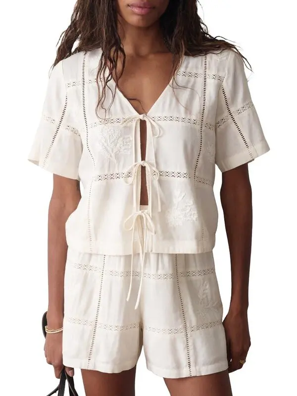 Marine Layer Marella Embroidered Detail Tie Front Top - Antique White