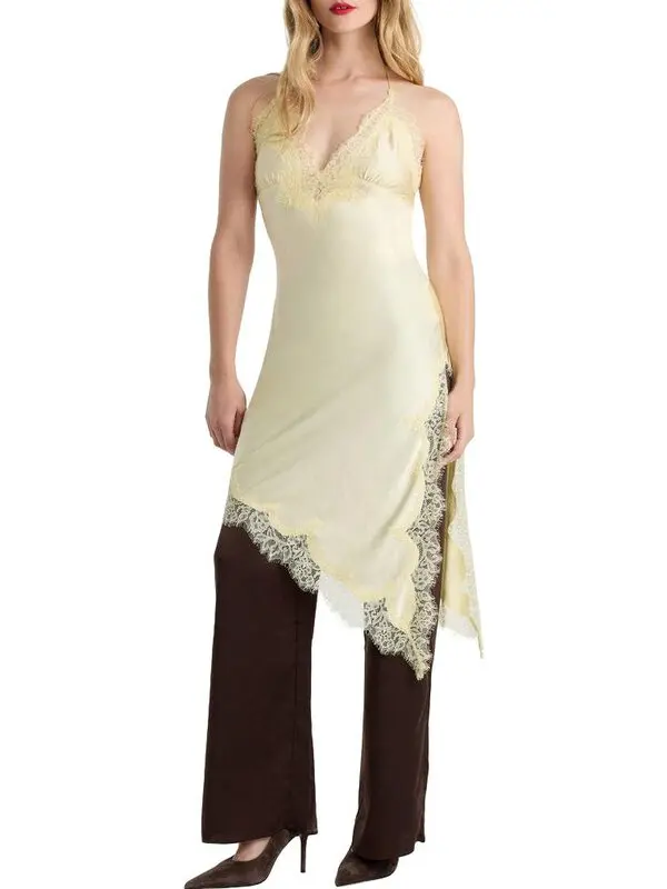 Bardot Silvio Asymmetric Lace Trim Satin Mini Dress - Buttercup