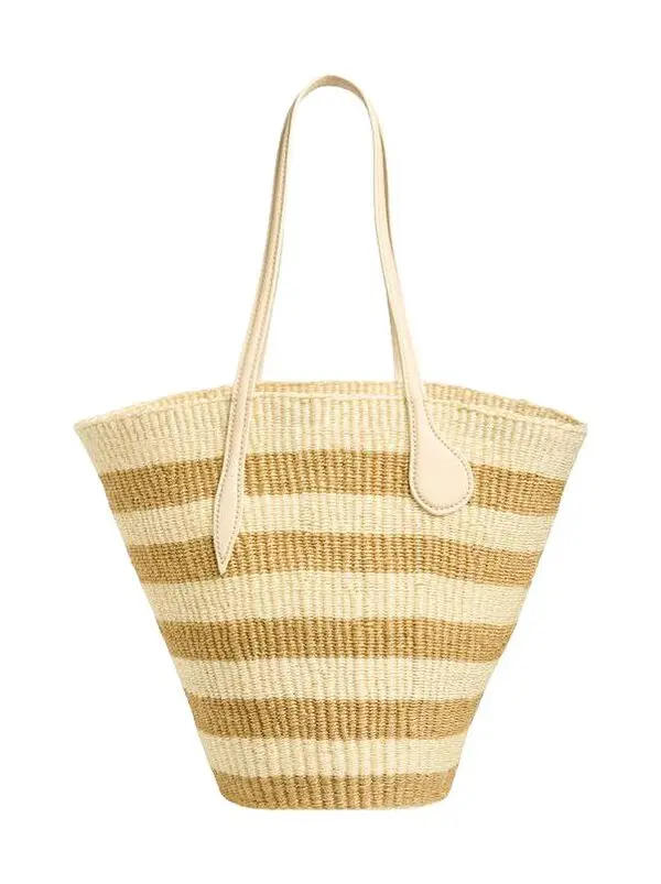 LIFFNER Woven Straw Tote With Geometric Leather Handles - Cream Beige Striped