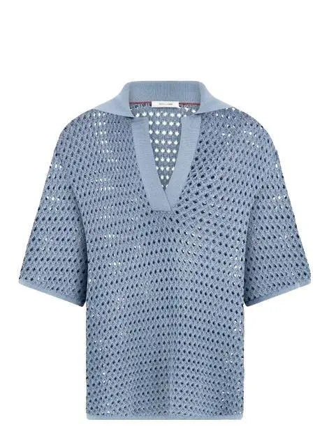 FERRAGAMO Open Knit Polo Shirt - Blue / Denim