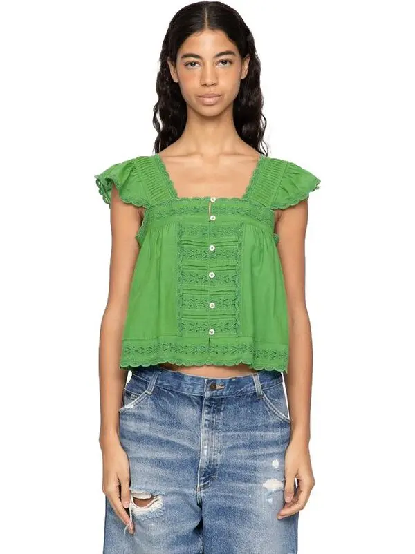 Sea Eliza Embroidered Flutter Sleeve Top - Green