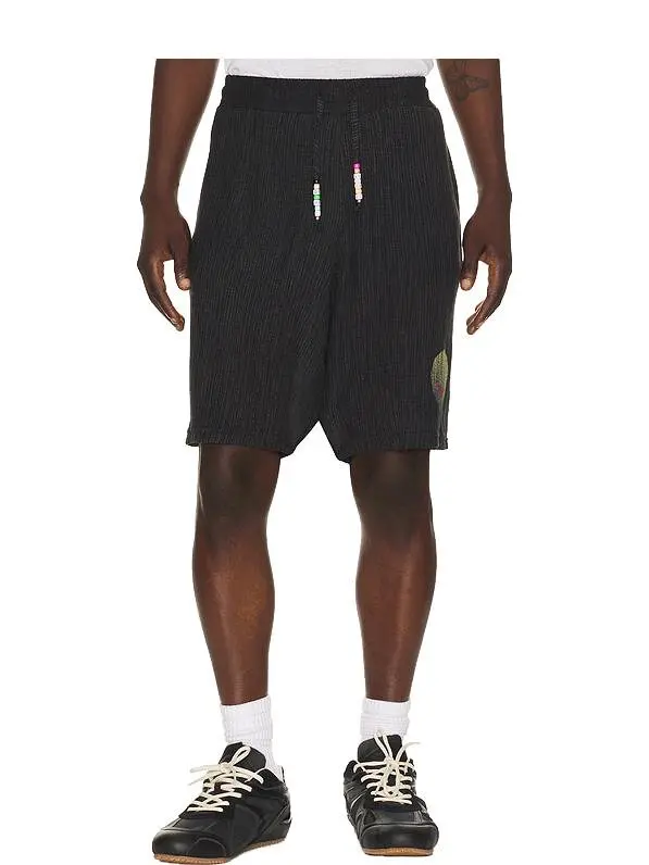 MISBHV Charcoal Plissé Shorts With Beaded Drawstring - Washed Black
