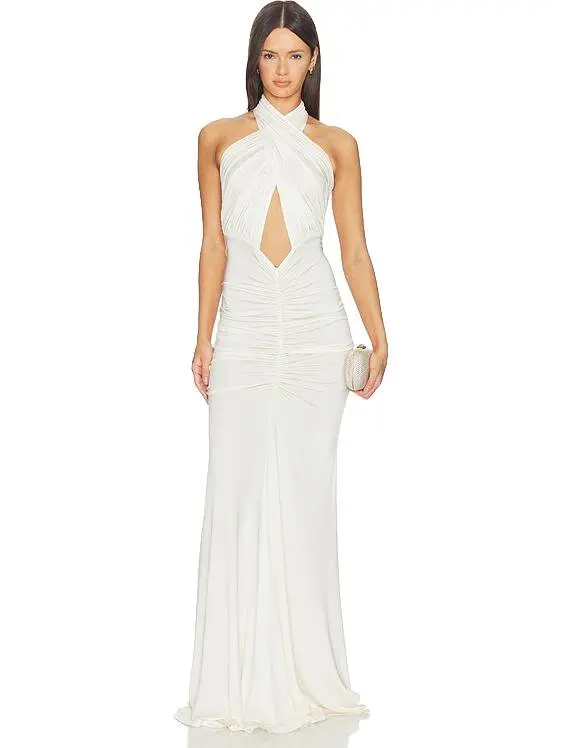 Lapointe X Jersey Sleeveless Halter Ruched Gown - Cream