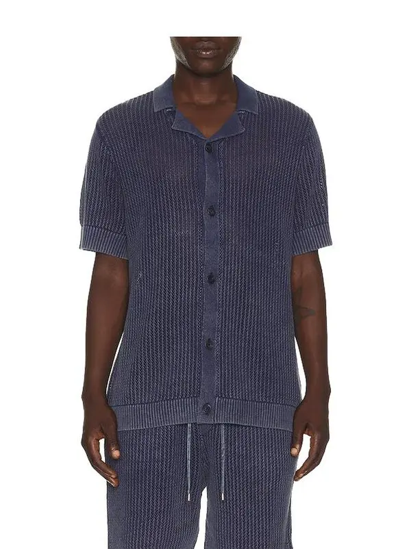 Central Park West Henry Snow Wash Camp Shirt In Slate - Navy