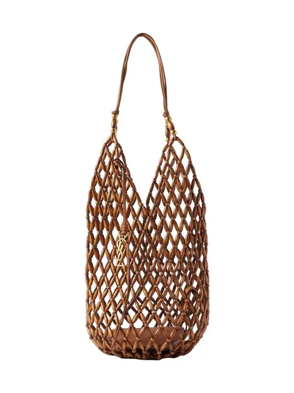 Saint Laurent Beaded Wood Tote With Leather Trim - Brown