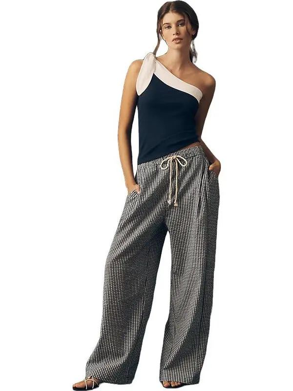 4OUR DREAMERS Gingham Wide Leg Drawstring Pants - Navy Gingham