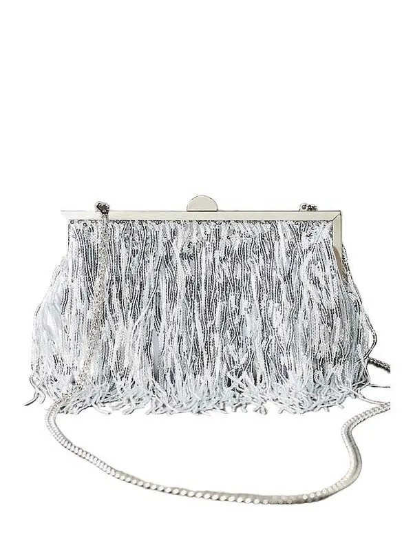URBAN EXPRESSIONS Celesta Shimmer Handbag With Fringe Detail - Silver Metallic
