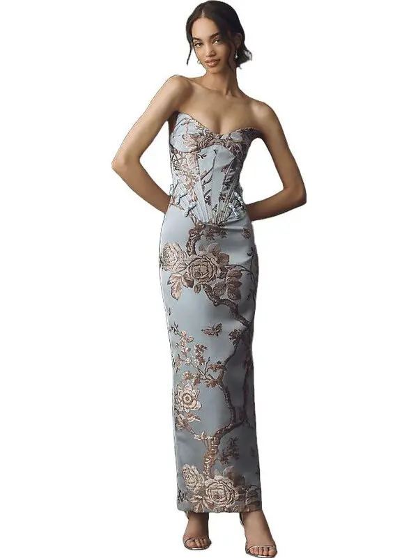 SAU LEE Novella Brocade Maxi Dress - Blue Ash