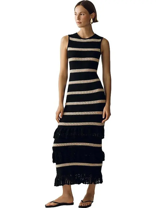 Rails Ana Tiered Crochet Stripe Midi Dress - Black Oat Stripe