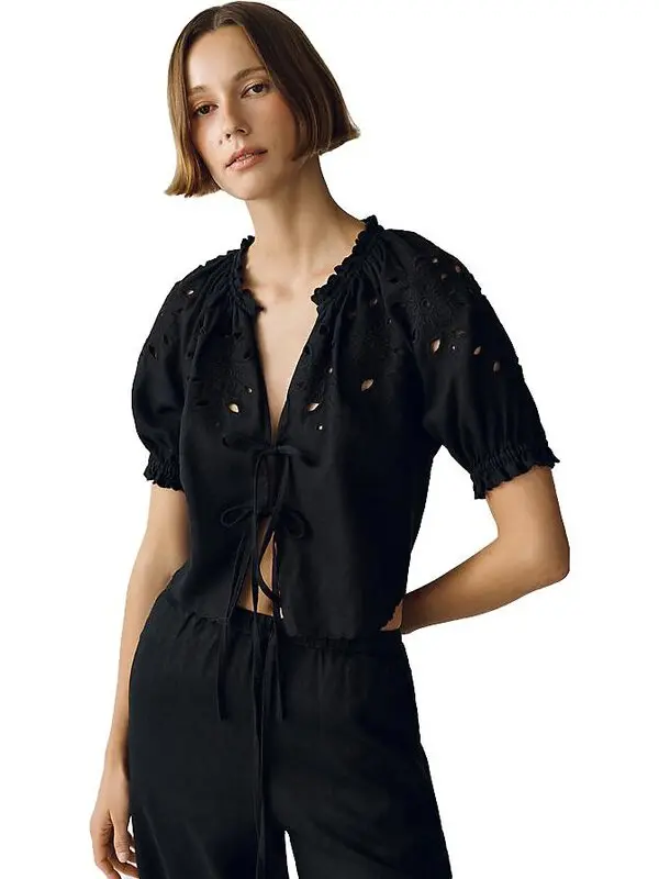 Rails Linen Embroidered Tie Front Blouse - Black