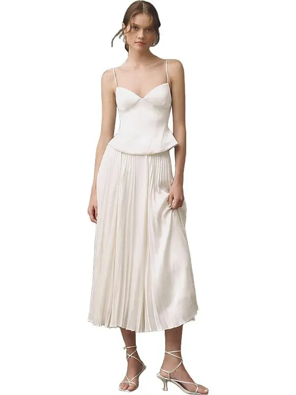Anthropologie Satin Corset And Pleated Midi Skirt Set - Ivory