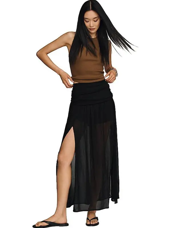 Anthropologie Sheer Knit Midi Skirt With Ruched Waistband - Black