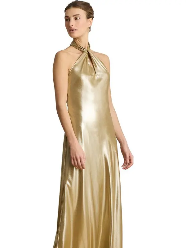 Ralph Lauren Metallic Chiffon Halter Gown - Tan/light Gold Foil