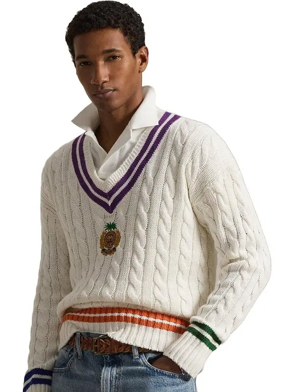 Ralph Lauren Embroidered Cotton-linen Cricket V-neck Sweater - Cream Combo