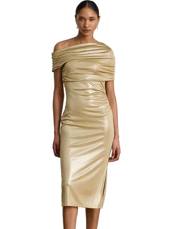 Ralph Lauren Metallic Off-the-shoulder Midi Dress - Birch Tan/gold Foil