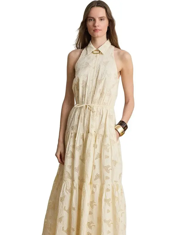 Ralph Lauren Floral Eyelet Voile Tiered Shirtdress - Mascarpone Cream
