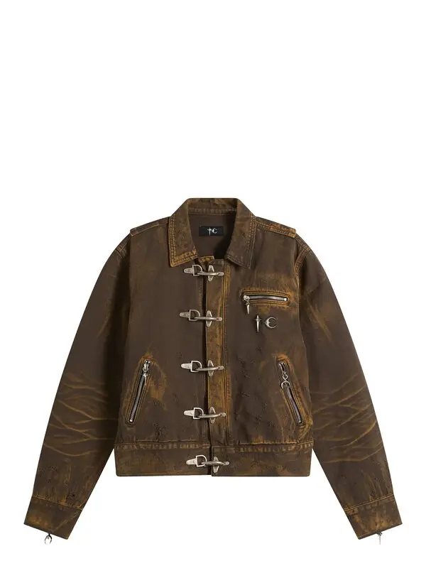 THUG CLUB Distressed Cotton Jacket With Fireman Buckles - Olive