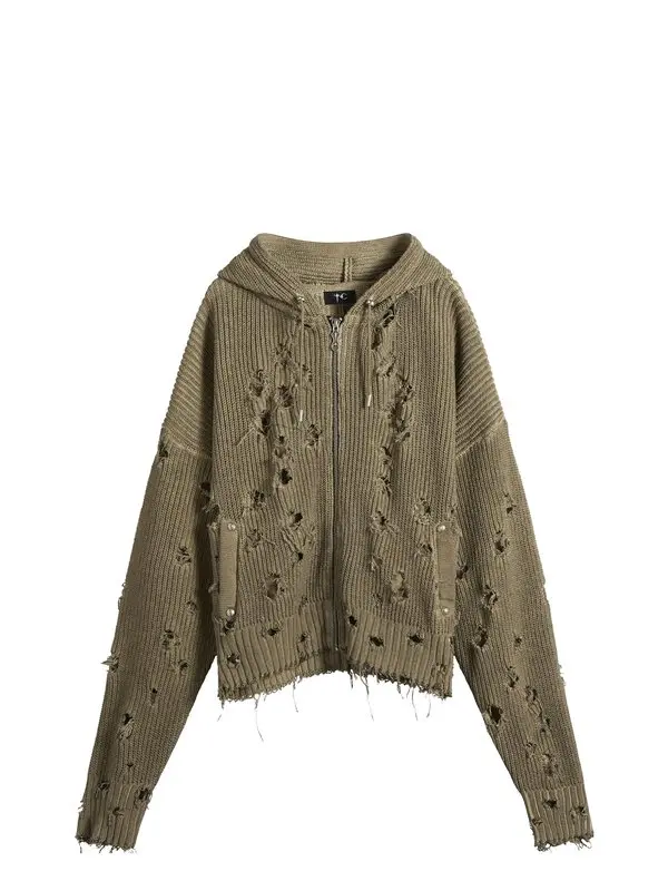 THUG CLUB Distressed Knitted Zip-up Hoodie - Beige