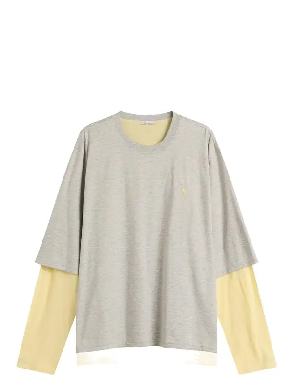 Ami Mercerised Jersey Adc Double Layer T-shirt - Gris Chine Clair/jaune