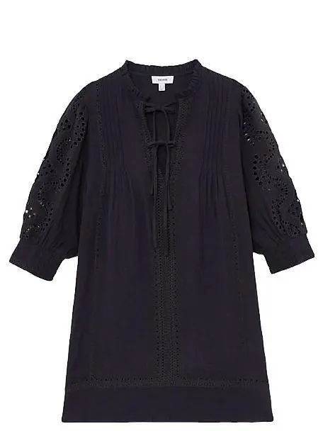 REISS Gia Cheesecloth Cotton Mini Dress - Navy