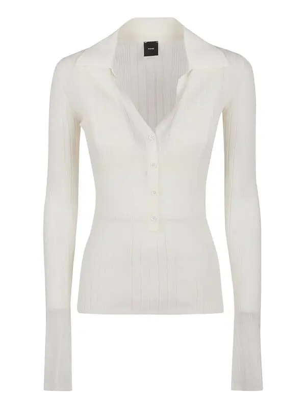 Pinko Ribbed V-neck Polo Top - White