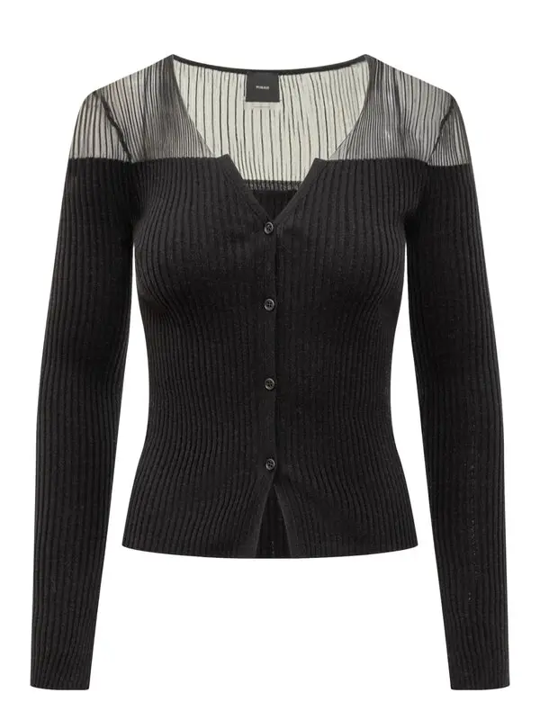 Pinko V-neck Ribbed Cardigan With Sheer Yoke - Black
