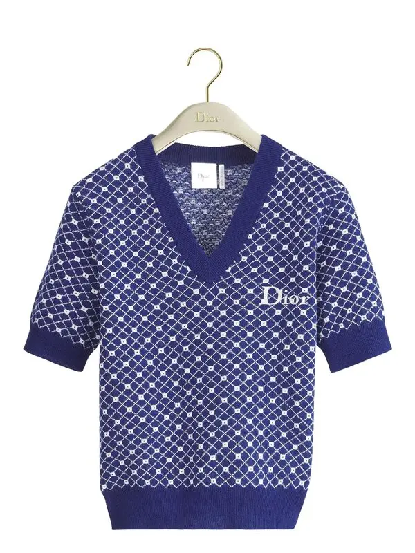 Dior Embroidered Logo Short-sleeve Sweater - Navy Blue And White