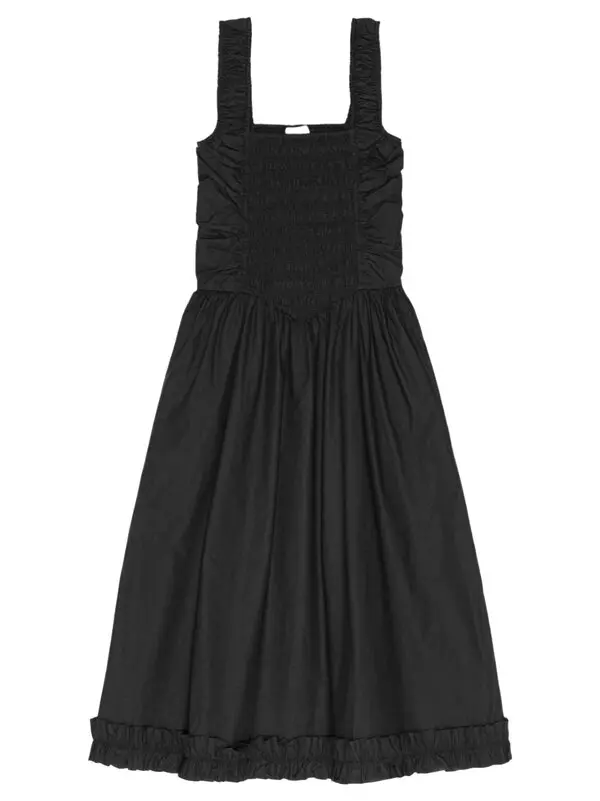 GANNI Cotton Square Neck Smocked Strap Dress - Black