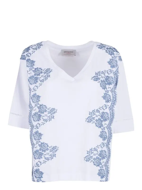 Ermanno Scervino Floral Print V-neck Short Sleeve T-shirt - White