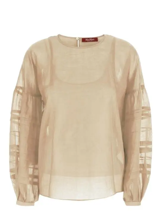 Max Mara Crew Neck Long Sleeve Shirt With Horizontal Pleats - Nude