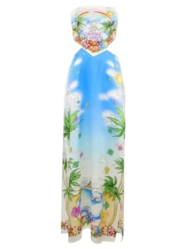 Casablanca Printed Open Back Maxi Dress - Blue