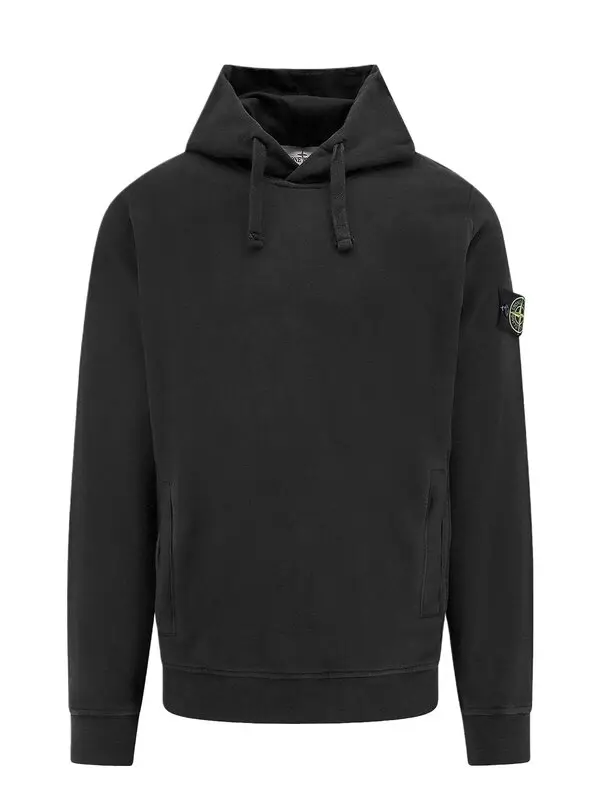 Stone Island Logo Patch Drawstring Hoodie - Black