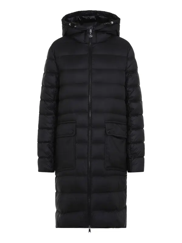 Moncler Long Hooded Padded Coat With Logo Patch - Black