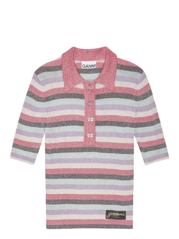 GANNI Striped Sparkle Rib Polo T-shirt - Multicolour