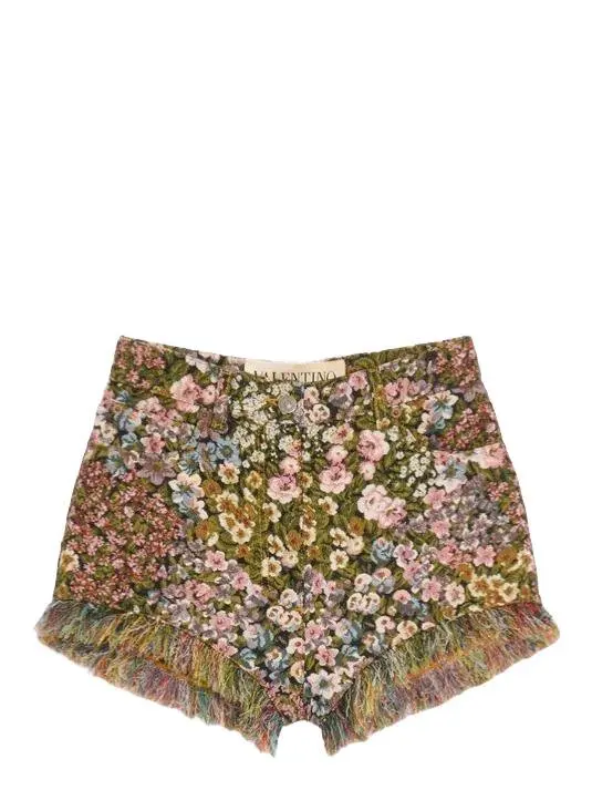 Valentino Garavani Floral Patterned Fringed Hem Shorts - Black/multicolor