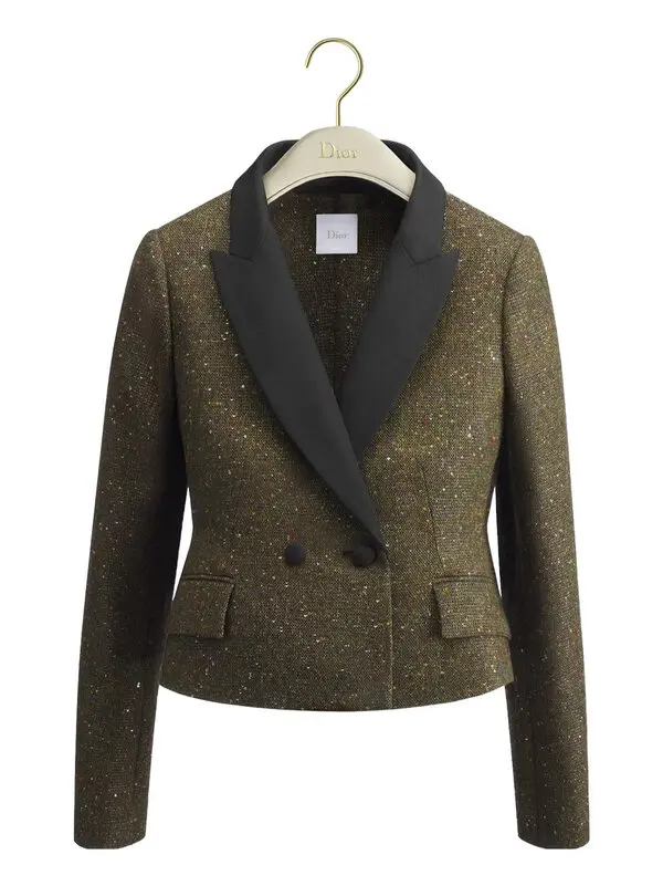 Dior Cropped Fitted Jacket With Shawl Lapel And Fabric Covered Button Front - Black