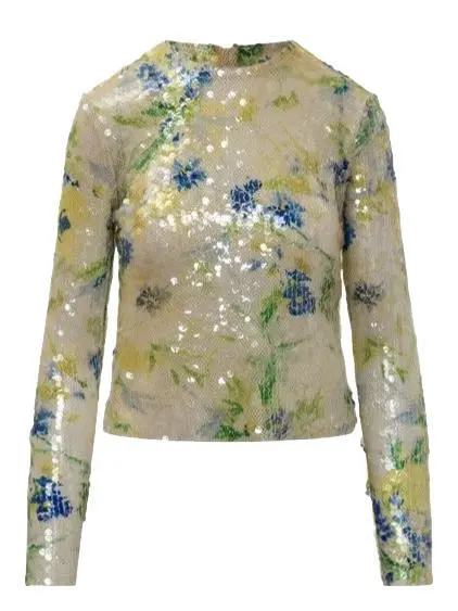 MSGM Sequin Floral Knit Top - Yellow