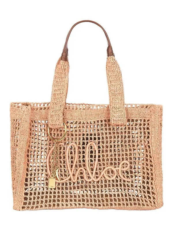 Chloé Raffia Tote Bag With Gold-tone Chain And Charms - Summery Beige