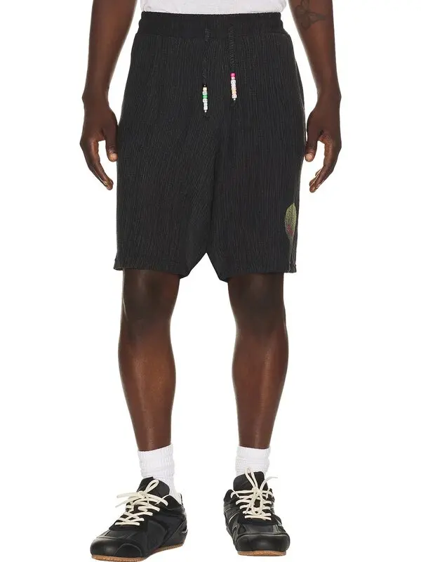 MISBHV Charcoal Plissé Shorts With Beaded Drawstring - Washed Black