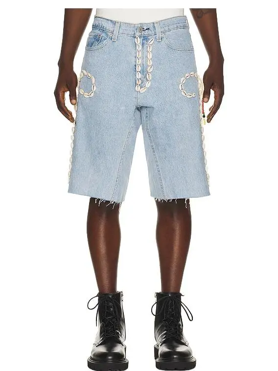 BARRIERS WORLDWIDE Cowrie Shell Embellished Denim Shorts - Blue