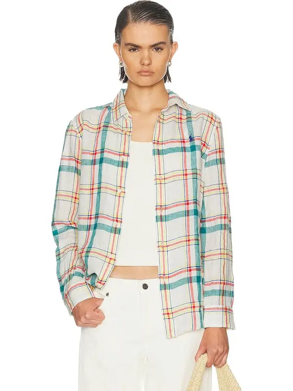 Polo Ralph Lauren Linen Plaid Long Sleeve Shirt - White  Teal  & Red Multi