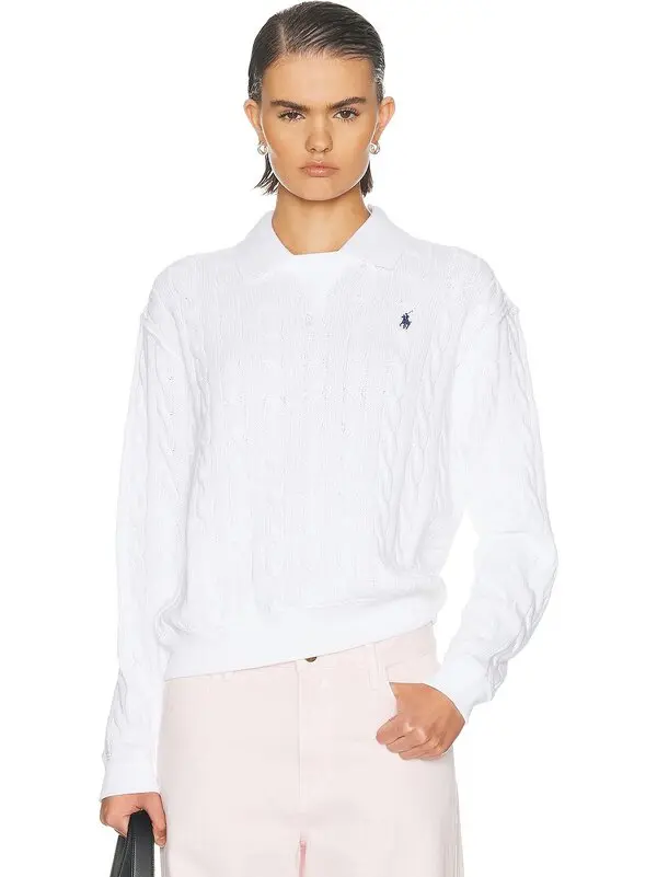 Polo Ralph Lauren Long Sleeve Cable Knit Polo Sweater - White