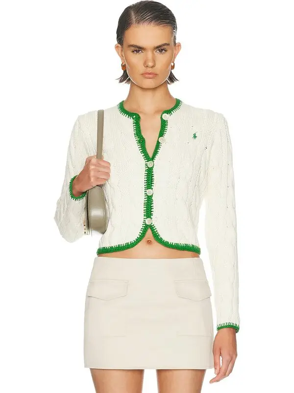 Polo Ralph Lauren Cable Knit Cardigan With Green Trim - Cricket Cream