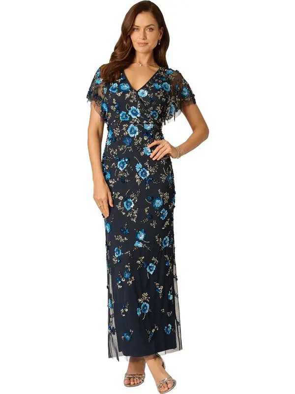 Adrianna Papell Flutter Sleeve Floral Beaded Column Gown - Midnight Multi