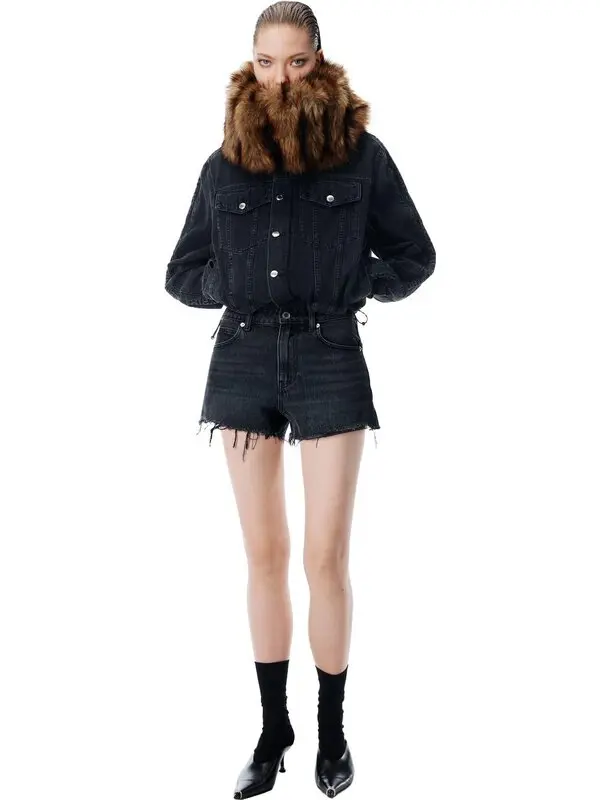 Alexander Wang High Rise Denim Shorts With Logo Pocket - Grey Aged